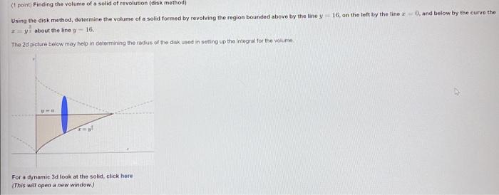 Solved (1 point Finding the volume of a solid of revolution | Chegg.com