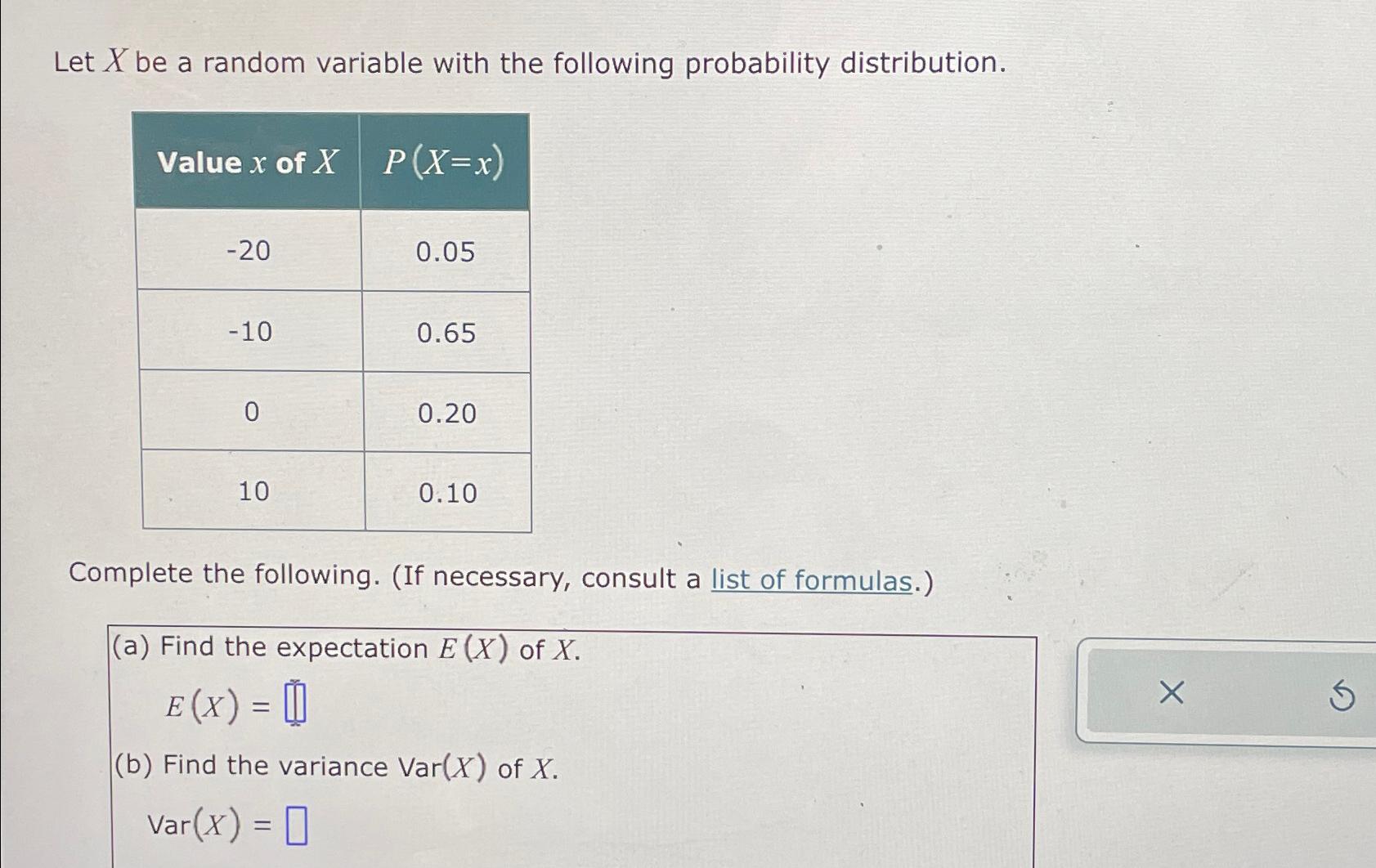 Solved Let x ﻿be a random variable with the following | Chegg.com