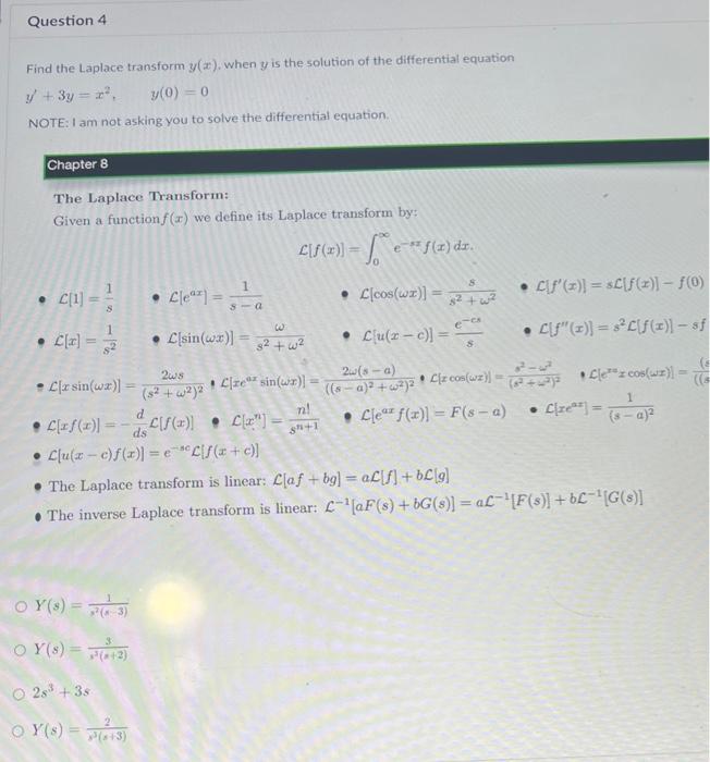 Solved Find The Laplace Transform Y X When Y Is The