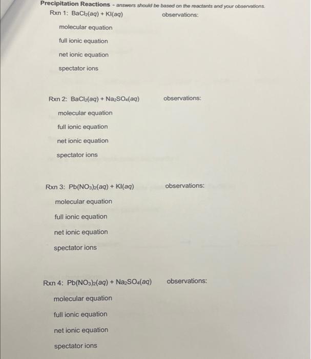 Solved Precipitation Reactions - answers should be based on | Chegg.com