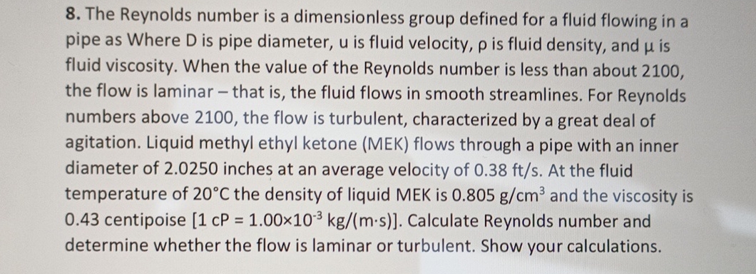 Solved The Reynolds number is a dimensionless group defined | Chegg.com