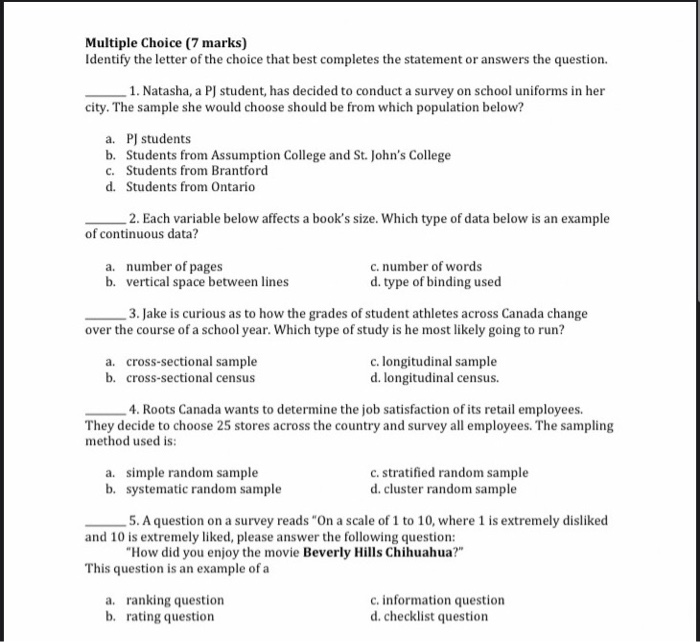 Solved Multiple Choice (7 marks) Identify the letter of the | Chegg.com