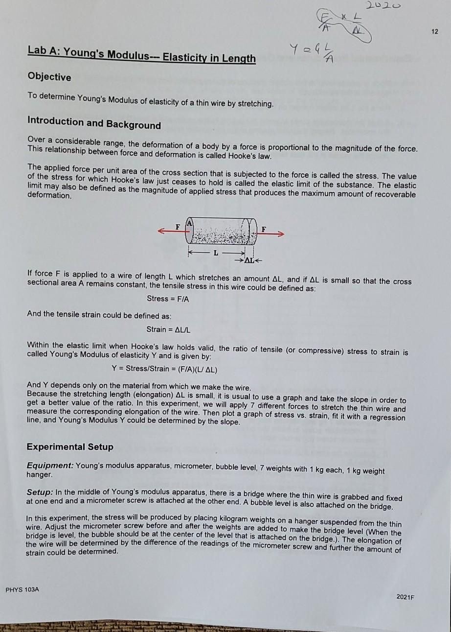 Lab A: Young's Modulus--- Elasticity in Length | Chegg.com