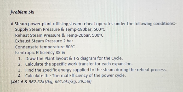 Solved Problem Six A Steam power plant utilising steam | Chegg.com