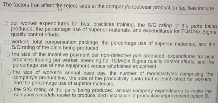 Solved The factors that affect the reject rates at the | Chegg.com