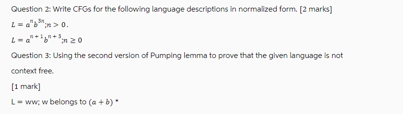 Solved Question 2: Write CFGs for the following language | Chegg.com
