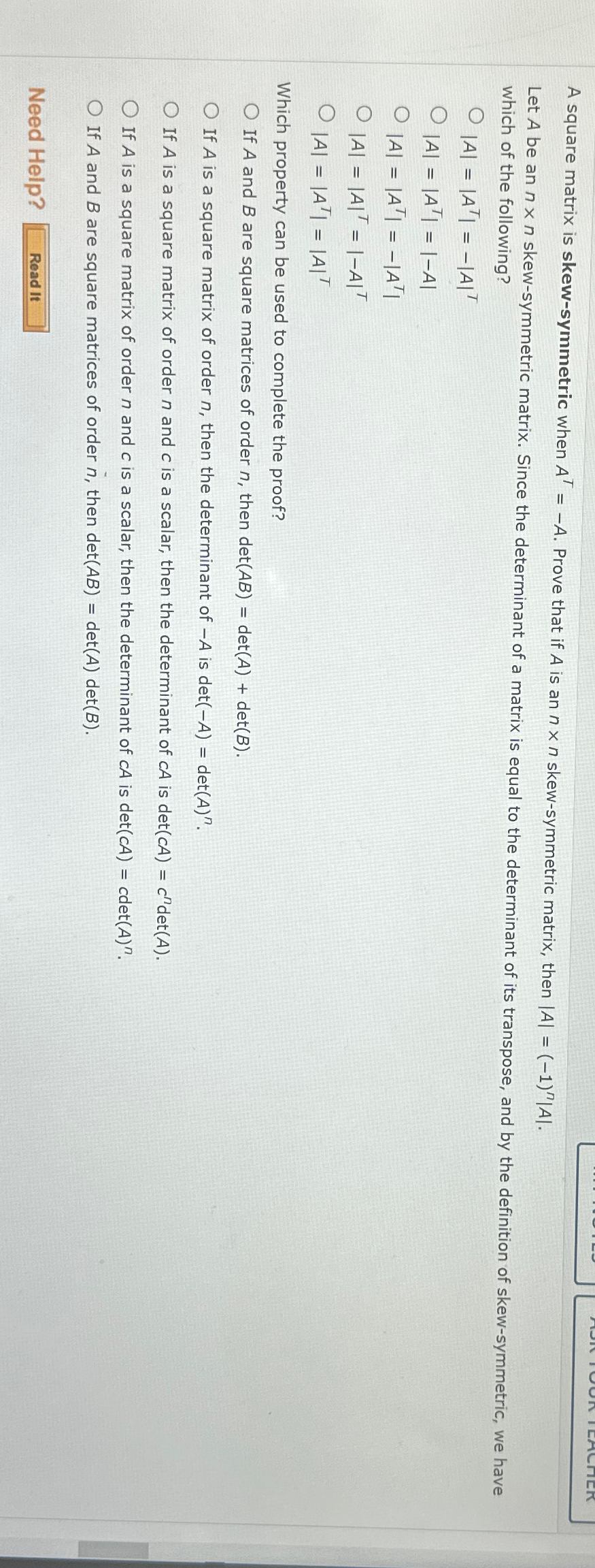 Solved A square matrix is skew-symmetric when AT=-A. ﻿Prove | Chegg.com