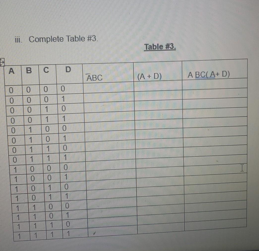 Solved Complete Table #3. Table #3 A B с D АВС (A + D) A BCC | Chegg.com