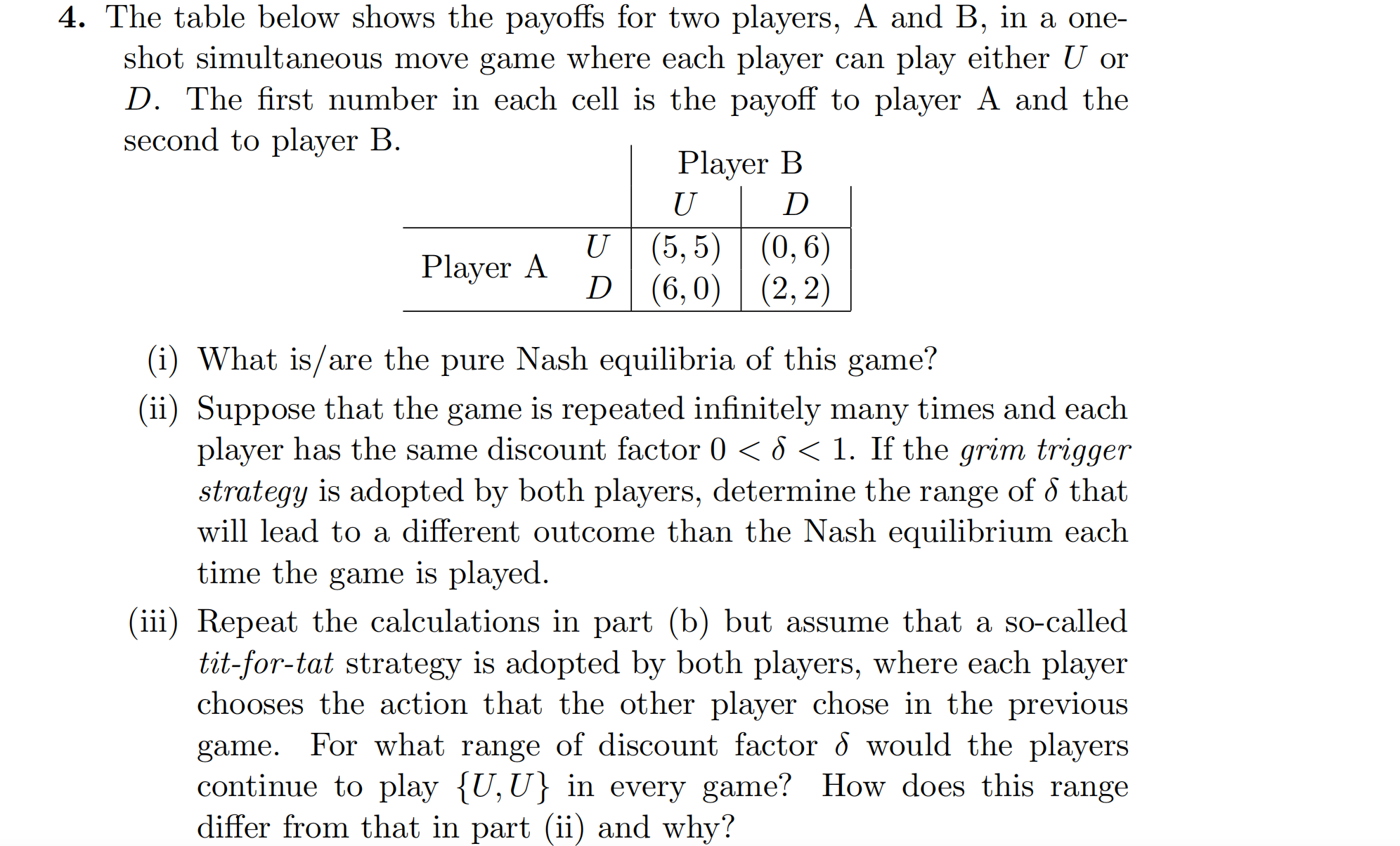 Solved The table below shows the payoffs for two players, A | Chegg.com