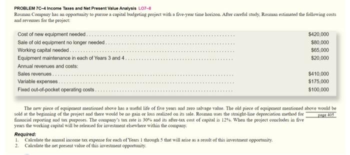 Solved PROBLEM 7C-4 Income Taxes and Net Present Value | Chegg.com