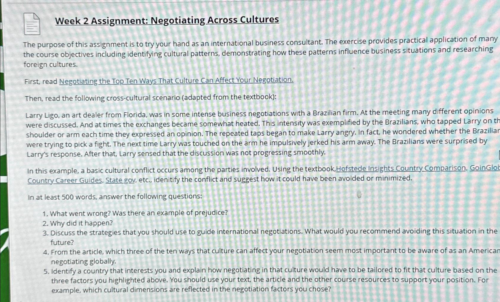 Solved Week 2 ﻿Assignment: Negotiating Across CulturesThe | Chegg.com
