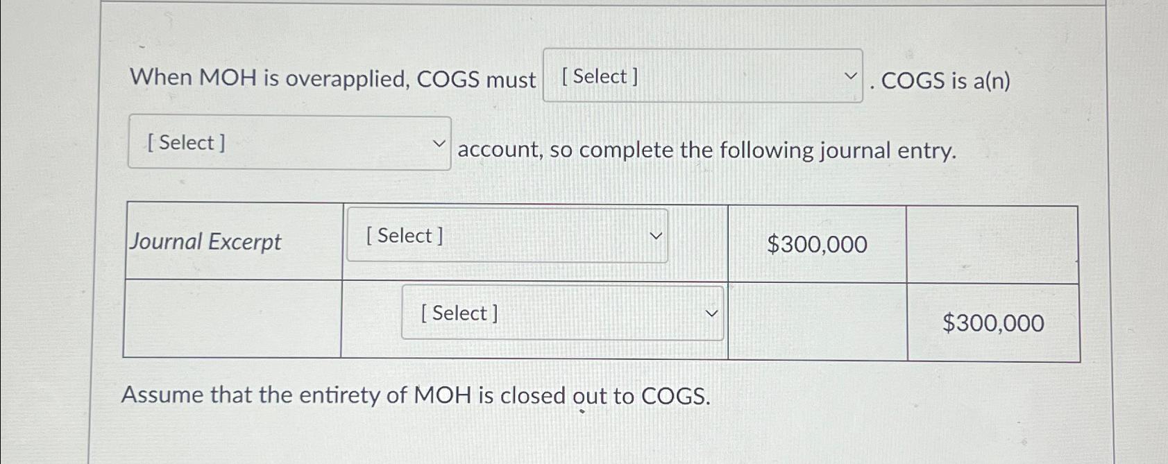 Solved When MOH is overapplied, COGS mus COGS is a(n) | Chegg.com