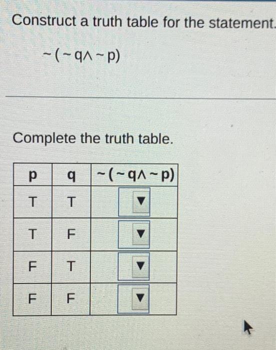 Solved Construct a truth table for the statement −(∼q∧∼p) | Chegg.com
