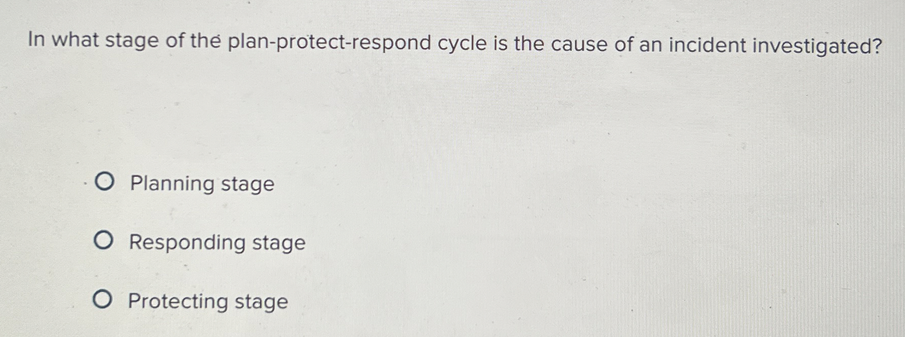 Solved In what stage of the plan-protect-respond cycle is | Chegg.com