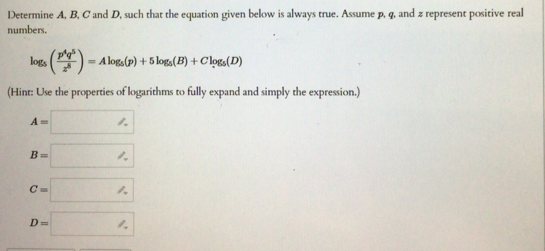 Solved Determine A,B,C ﻿and D, ﻿such that the equation given | Chegg.com