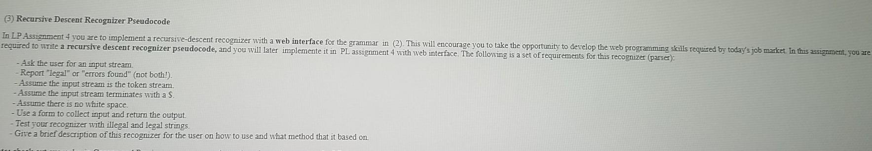(3) Recursive Descent Recognizer Pseudocode In LP | Chegg.com