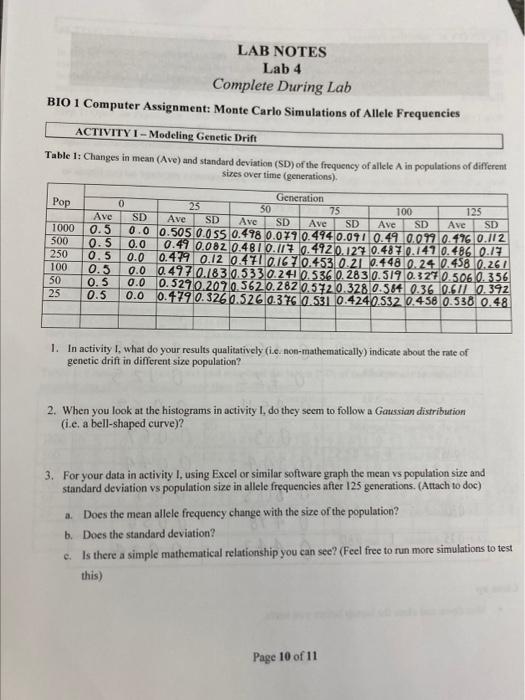 BIO 1 Computer Assignment: Monte Cario Simulations of | Chegg.com