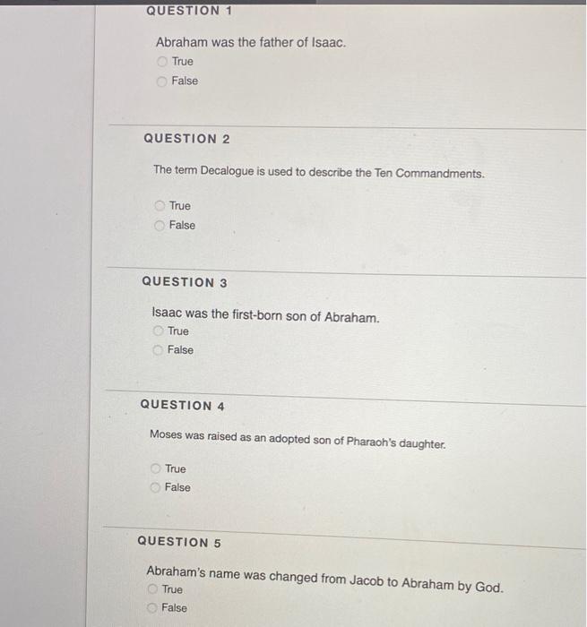 Solved QUESTION 1 Abraham was the father of Isaac. True | Chegg.com
