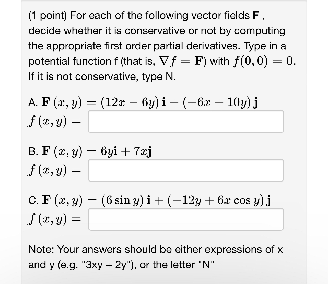 Solved (1 ﻿point) ﻿For each of the following vector fields | Chegg.com