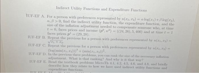 Solved Utility Functions and Expenditure Functions IUF-EF A. | Chegg.com