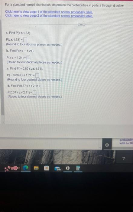 Solved For a standard normal distribution, determine the | Chegg.com