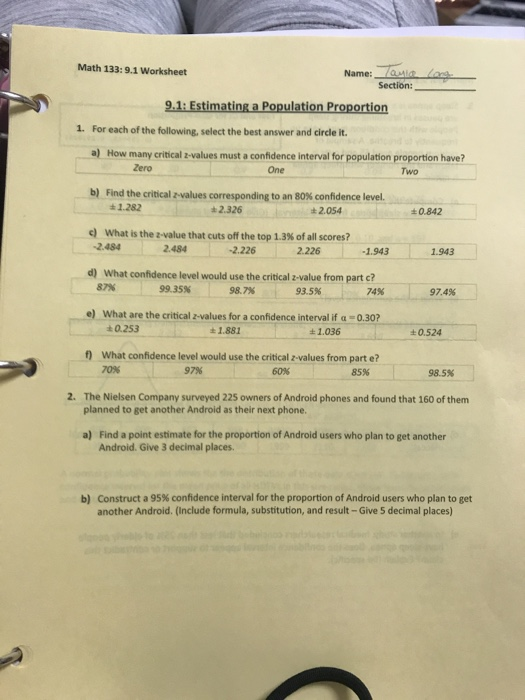 Solved Math 133: 9.1 Worksheet Name: aue Lone Section: 9.1: | Chegg.com