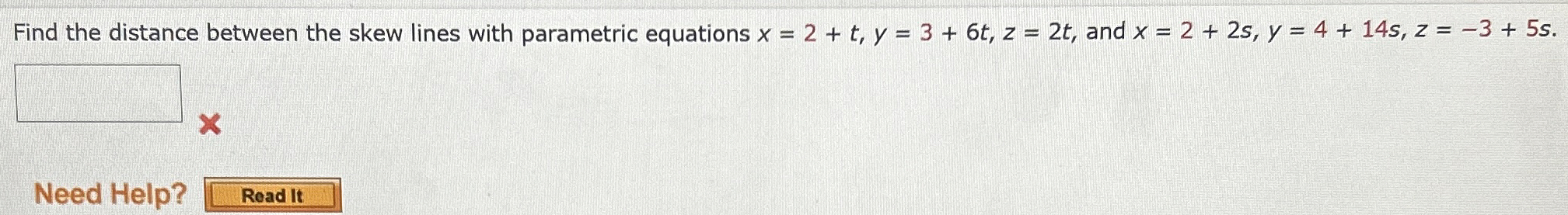 Solved Find the distance between the skew lines with | Chegg.com