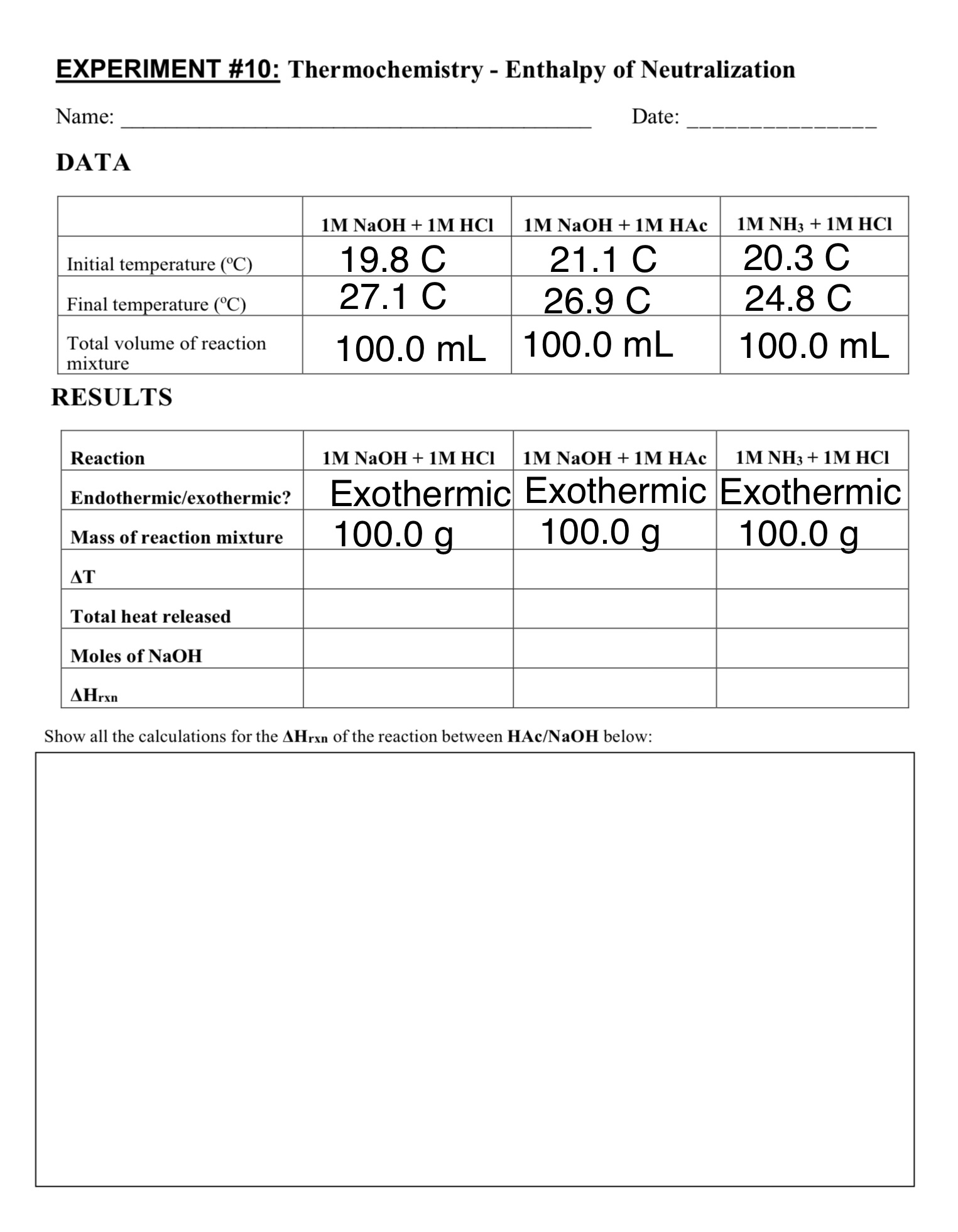 Solved EXPERIMENT #10: Thermochemistry - ﻿Enthalpy of | Chegg.com