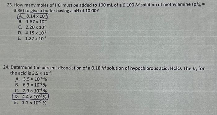 Solved 23. How many moles of HCl must be added to 100 mL of | Chegg.com