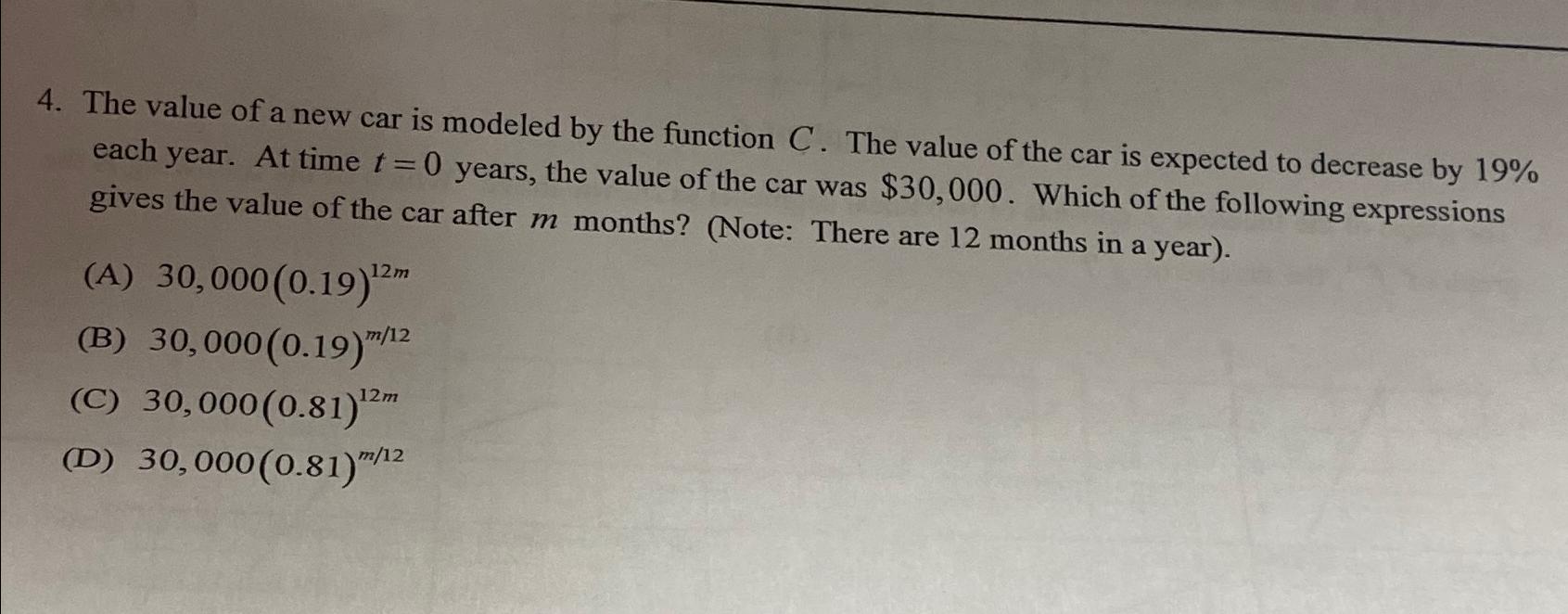 Solved The value of a new car is modeled by the function C. | Chegg.com