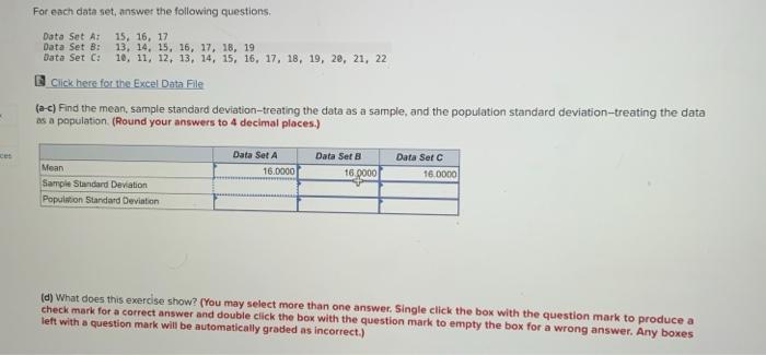 Solved For each data set, answer the following questions. | Chegg.com