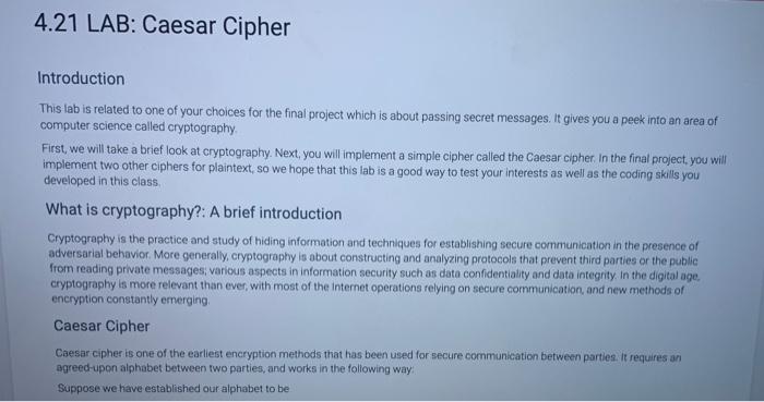 Solved 4.21 LAB: Caesar Cipher Introduction This lab is | Chegg.com