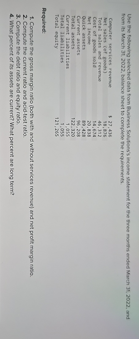 Solved Use the following selected data from Business | Chegg.com