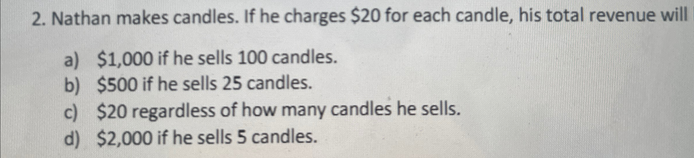 Solved Nathan makes candles. If he charges $20 ﻿for each | Chegg.com
