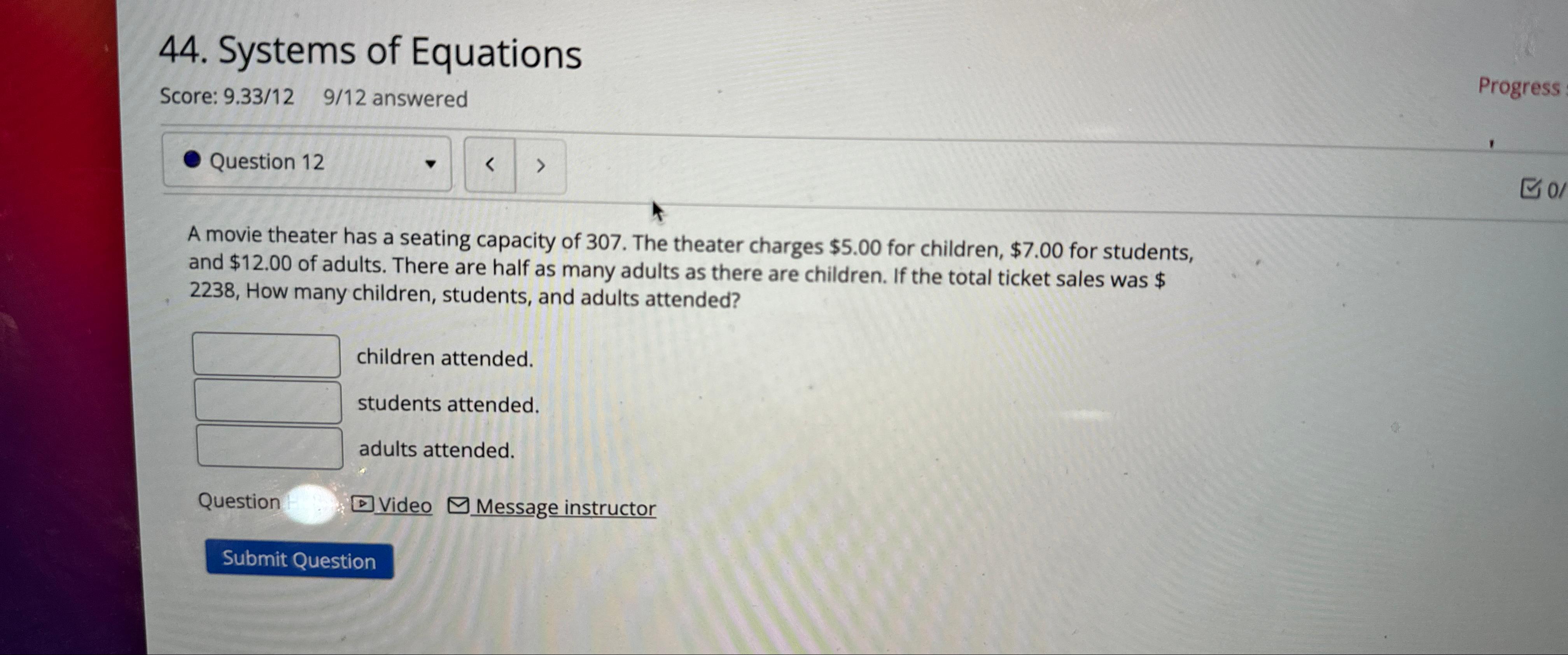 Solved Systems of EquationsQuestion 12A movie theater has a | Chegg.com