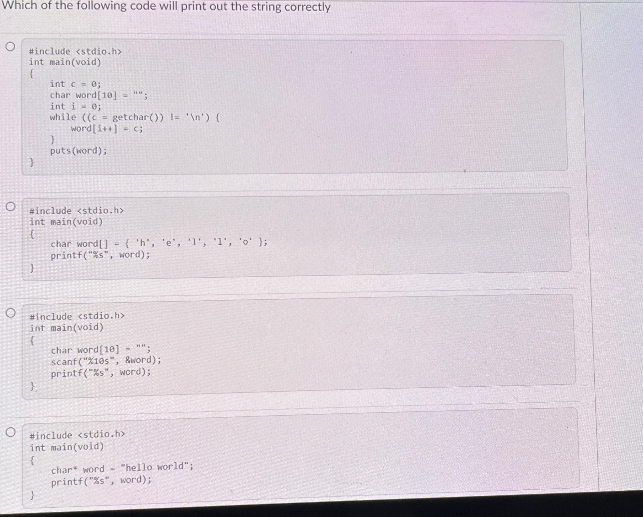Solved Which of the following code will print out the string | Chegg.com