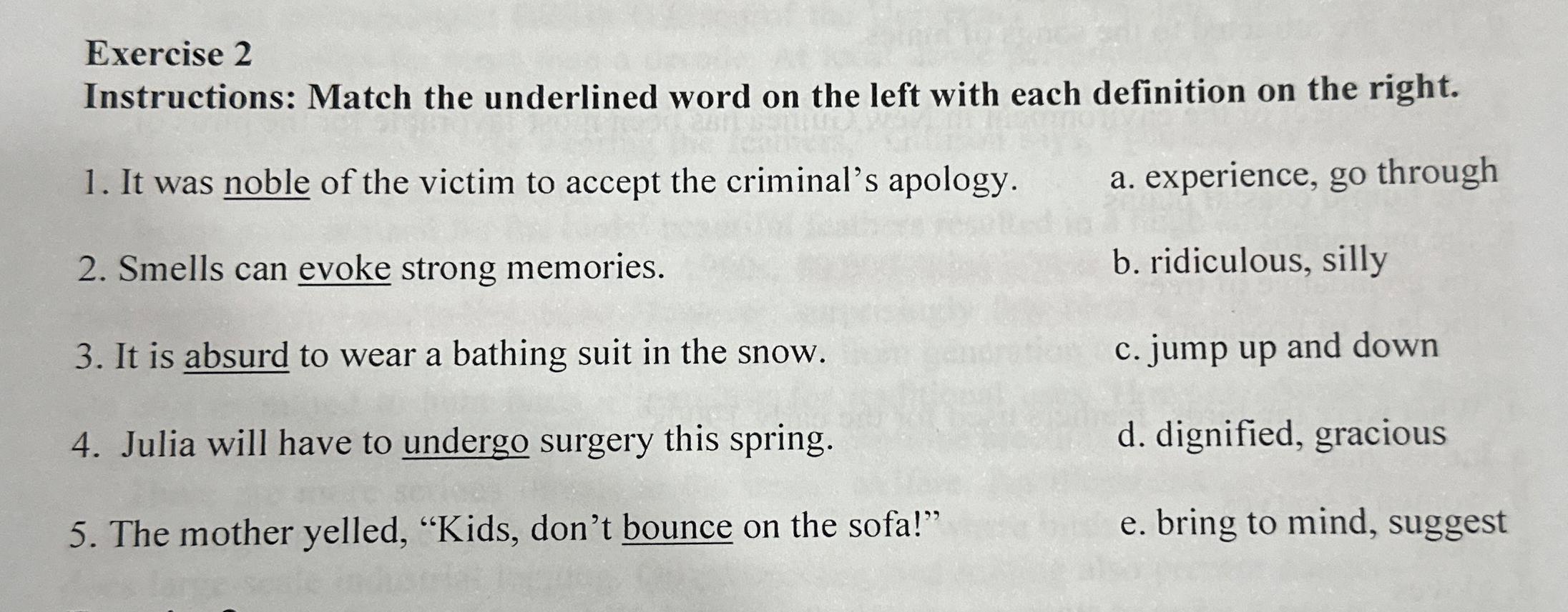 Solved Exercise 2Instructions: Match the underlined word on | Chegg.com