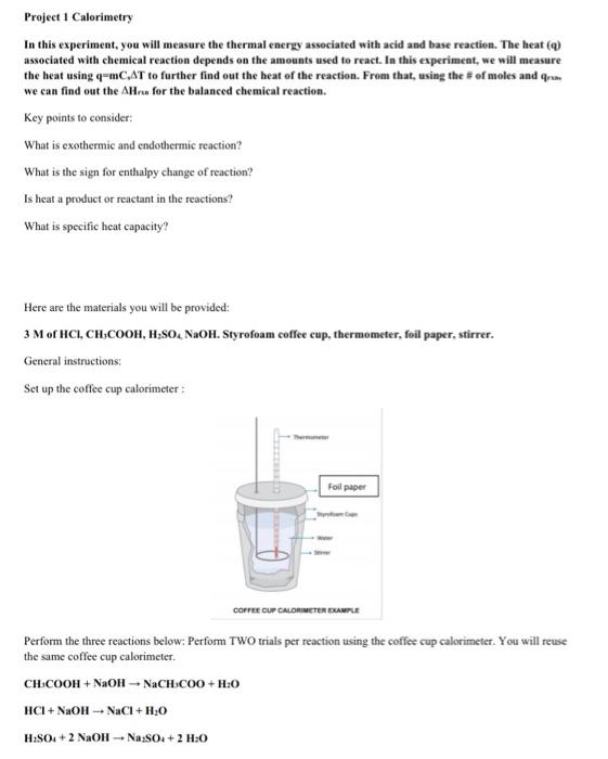 Project 1 Calorimetry In this experiment, you will | Chegg.com