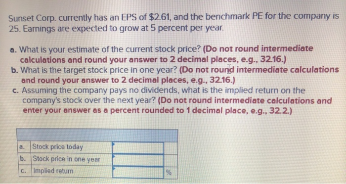 Solved Sunset Corp. currently has an EPS of $2.61, and the | Chegg.com