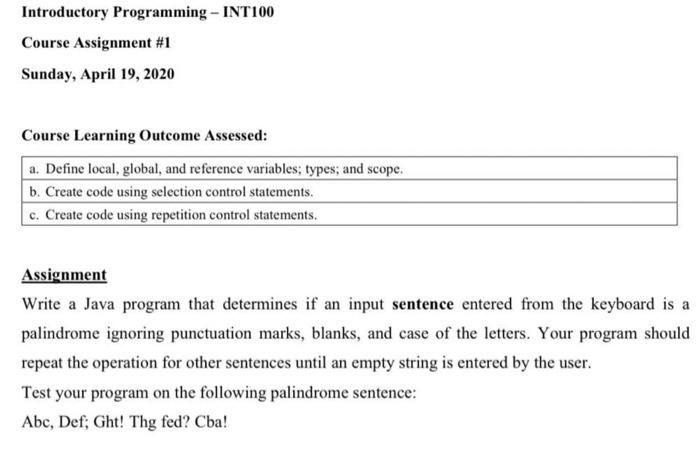 Solved Introductory Programming - INT100 Course Assignment | Chegg.com