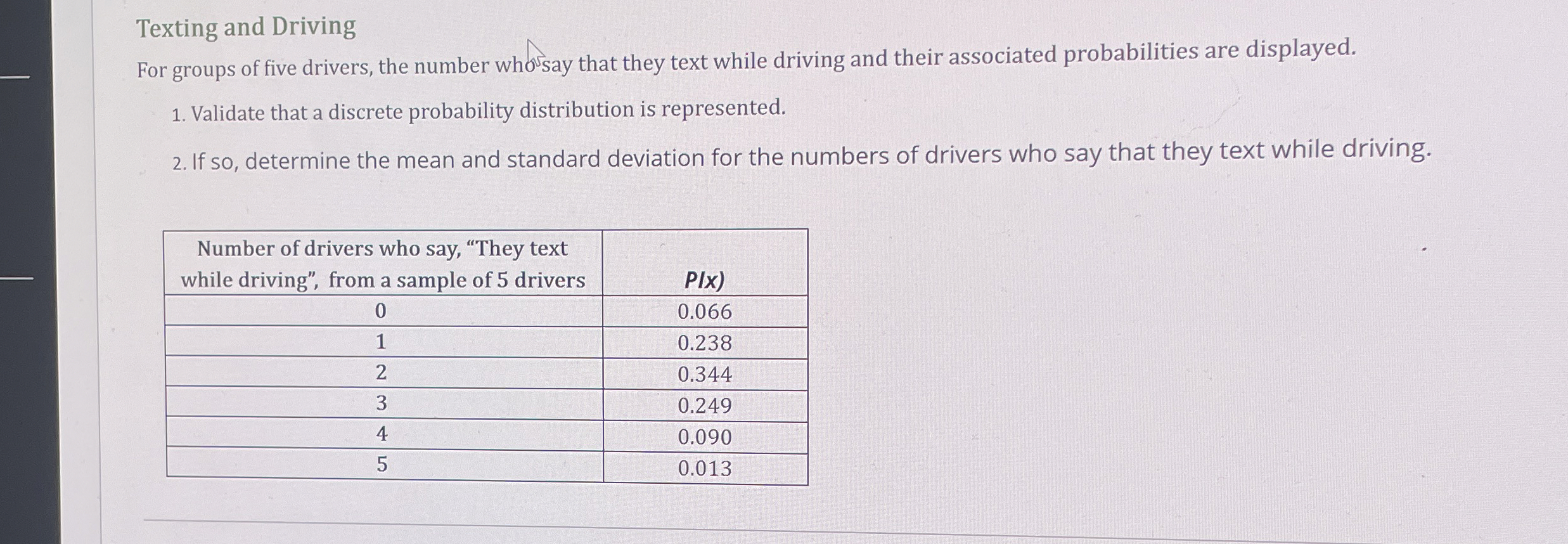Solved Texting and DrivingValidate that a discrete | Chegg.com