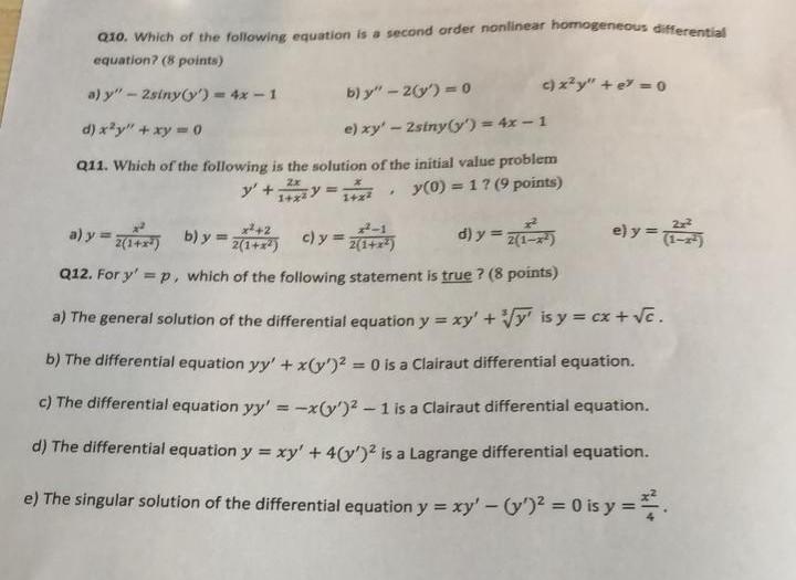 Solved 010. Which of the following equation is a second | Chegg.com