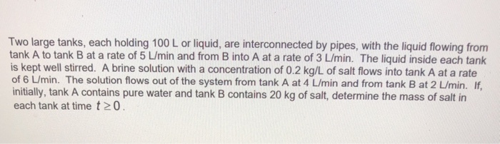 Solved Two large tanks, each holding 100 L or liquid, are | Chegg.com
