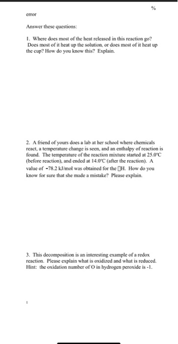 Enthalpy of Decomposition of Hydrogen peroxide lab | Chegg.com