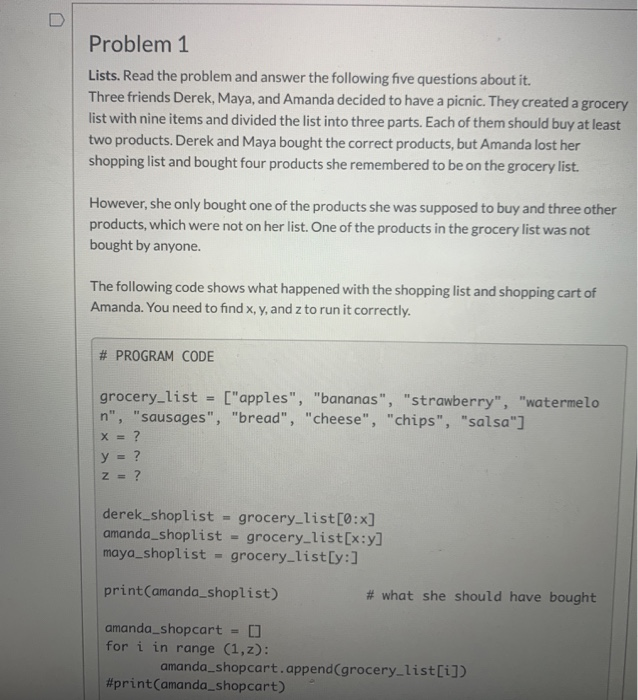 Solved Problem 1 Lists. Read the problem and answer the | Chegg.com