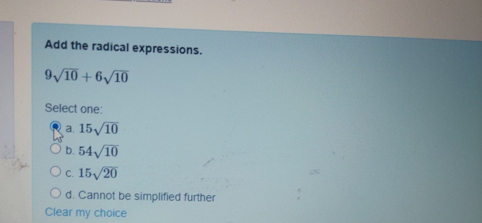 Solved Add the radical expressions.9102+6102Select | Chegg.com