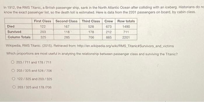 Solved In 1912, the RMS Titanic, a British passenger ship, | Chegg.com