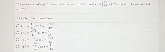 Solved The terminal side of angle intersects the unit circle | Chegg.com
