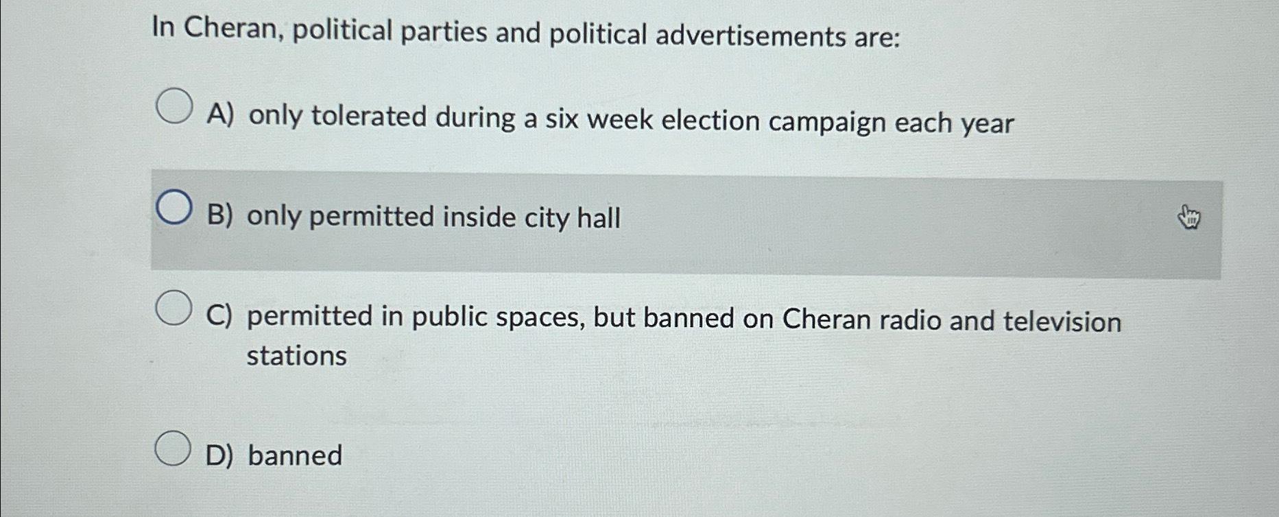 Solved In Cheran, political parties and political | Chegg.com