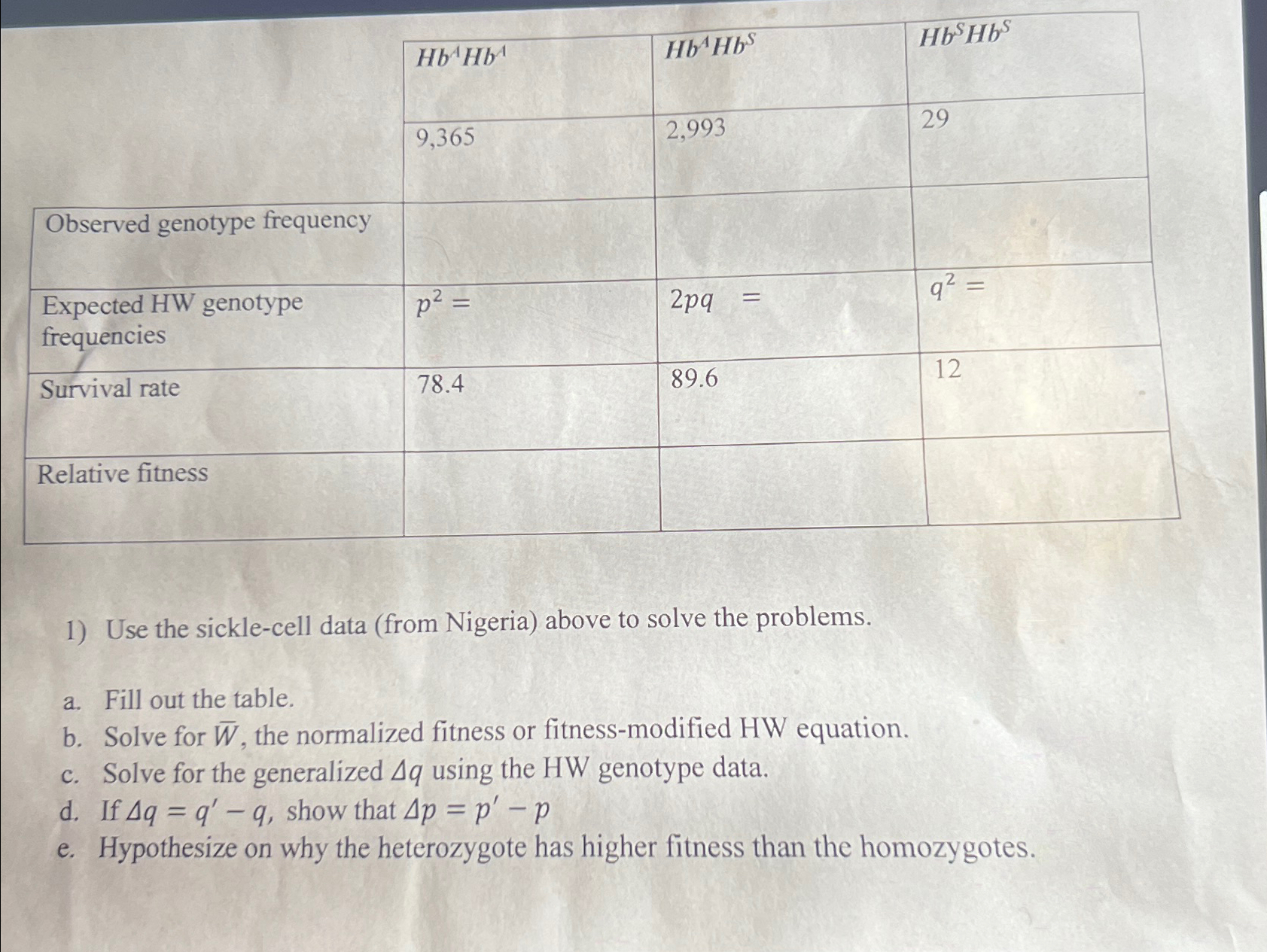 Solved \table[[,Hb4Hb4,Hb4HbS,],[,9,365,2,993,29],[Observed | Chegg.com